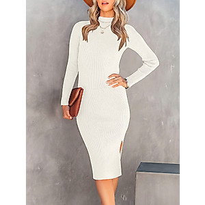 ANRABESS Women 2023 Winter Sweater Dress Turtleneck Long Sleeve Sexy Slim Fit Slit Formal Boydcon Midi Dresses for Elegant Wedding Guest 308bai-S White