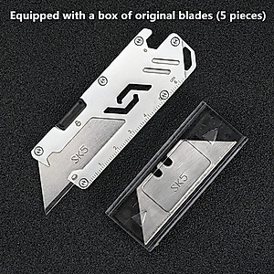 KUNSON Stainless Steel Pocket Utility Knife, Portable EDC Retractable Box Cutter for Cartons, Cardboard and Boxes, Quick-Change Blade, Safety Lock Design, Extra 5 Blades Included
