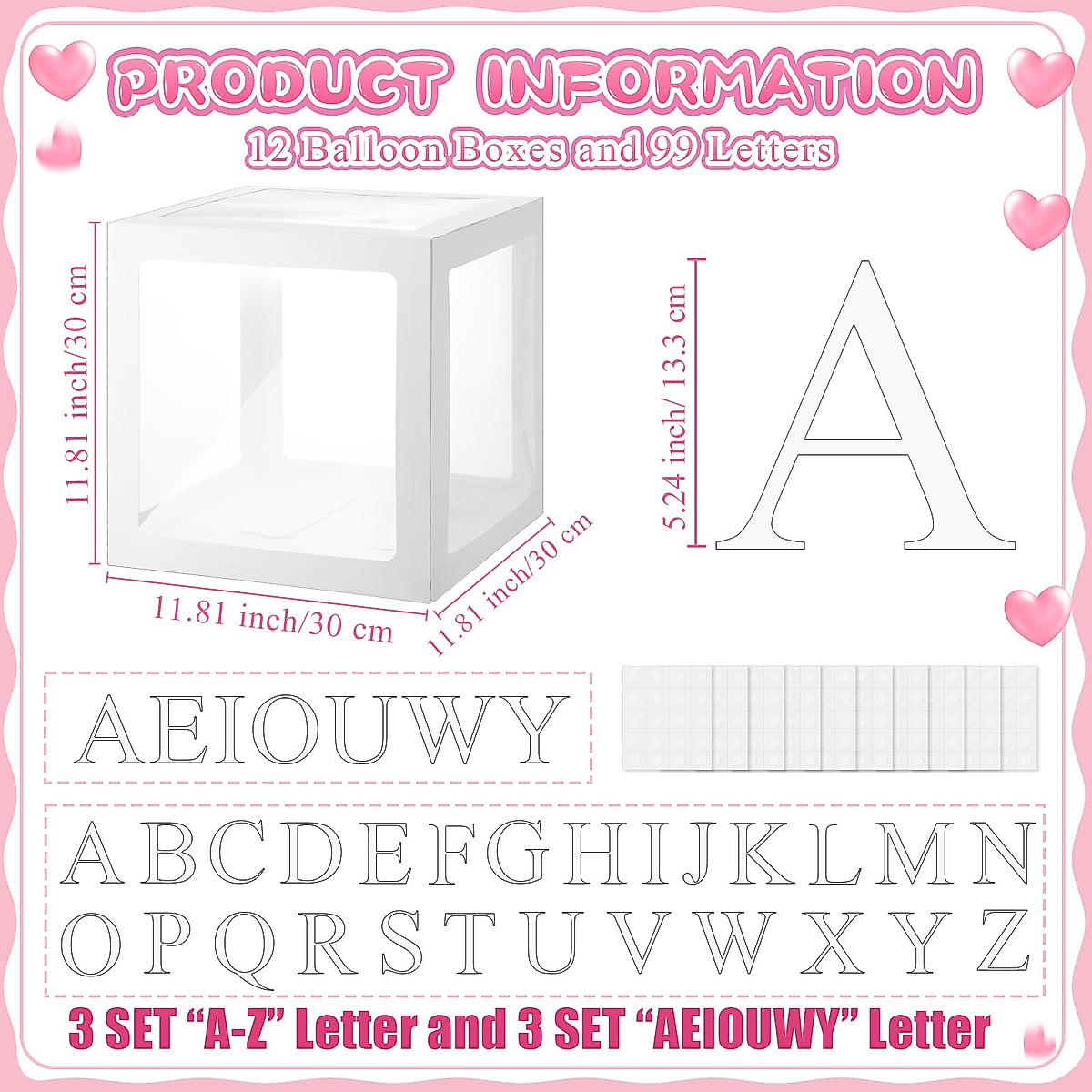 Thyle 12 Pcs Transparent Balloon Boxes Clear Balloon Boxes with 99 Letters for Baby Shower Gender Reveal Grad Birthday Party Bridal Wedding Anniversary Backdrop Decoration (White)