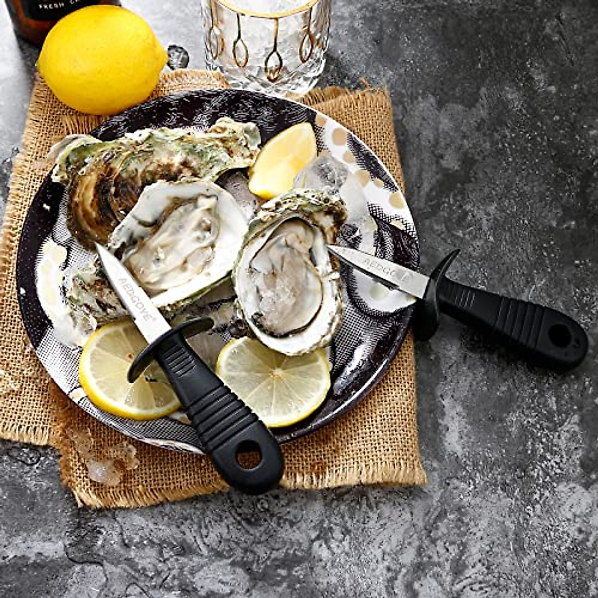 Oyster Shucking Knife -High Performance Level 5 Protection Food Grade Cut Resistant Gloves Stainless Steel Clam Shellfish Seafood Opener (1 pair gloves + 2 knives)(S)