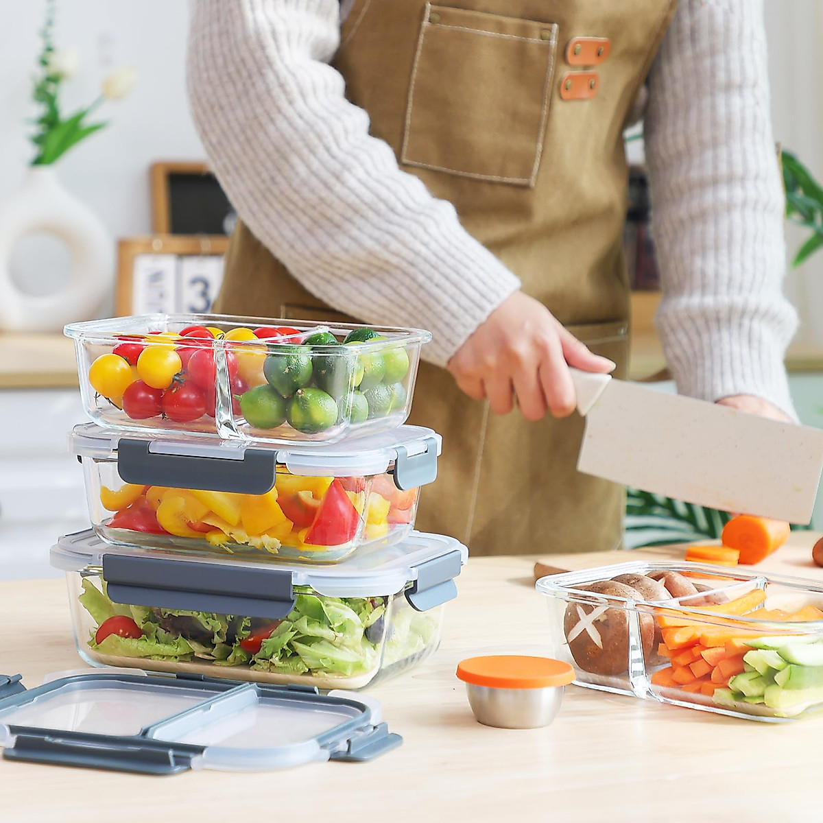 Moretoes 8pack Glass Meal Prep Containers, Glass Food Storage Container with Lid, Glass Lunch Containers with Compartments Leak-proof, for Microwave, Oven, Freezer, Dishwasher