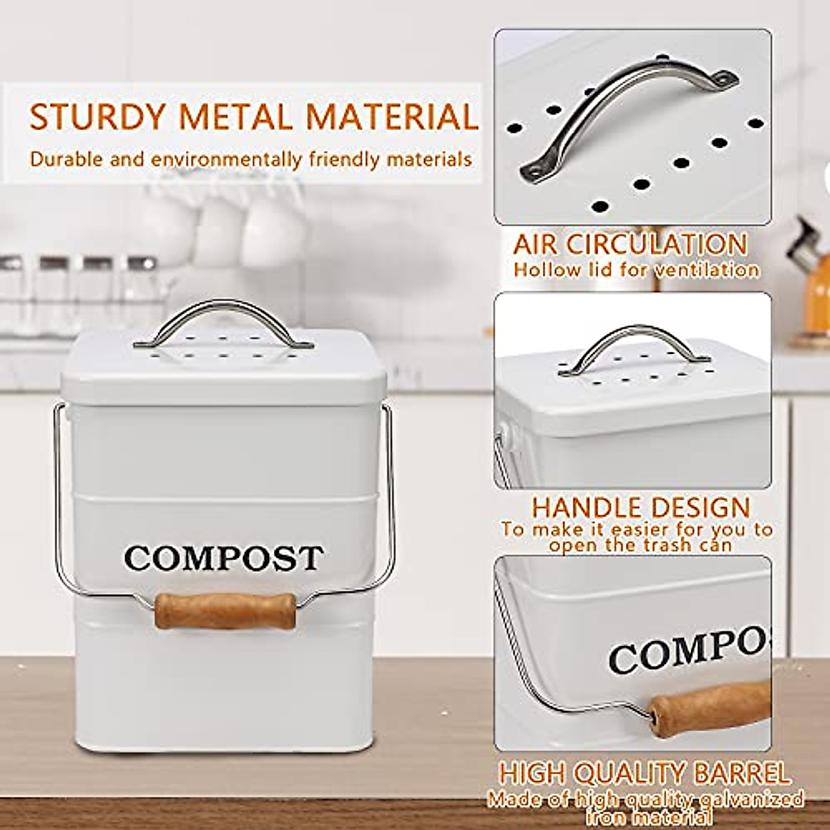 ayacatz Stainless Steel Compost Bin for Kitchen Countertop Compost Bin，1 Gallon, Kitchen Trash Can -Includes Charcoal Filter，Compost Bucket Kitchen Pail Compost with Lid -White