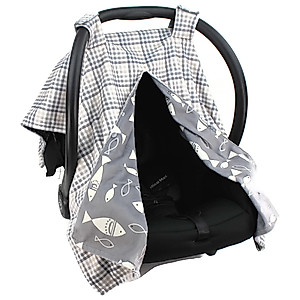 Dear Baby Gear Deluxe Reversible Car Seat Canopy, Custom Minky Print, Fish on Grey/Grey Tan Plaid