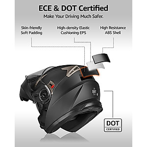 Motorcycle Modular Full Face Helmet DOT Approved - YEMA Helmet YM-925 Motorbike Casco Moto Moped Street Bike Racing Helmet with Sun Visor for Adult Youth Men and Women - Matte Black,M