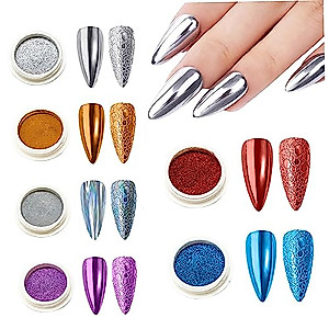 Ckuakiwu 6Pcs Chrome Nail Powder Metallic Mirror Effect Pigment Chrome Iridescent Aurora Nail Glitter,Nail Art Powder with Mirror Effect Different Color Metallic Nail Art Pigment Powder Set