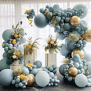 Captank Dusty Blue Balloon Garland - Pastel Blue Double Stuffed Slate Blue Balloons Different Sizes Blue Gold Balloon Garland Kit for Boy Birthday Baby Shower Wedding Anniversary Party Decorations