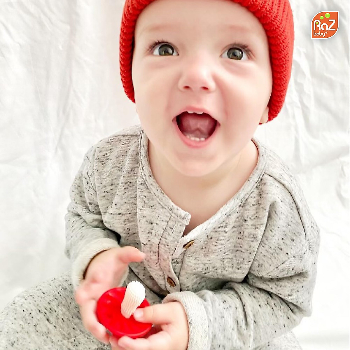 RaZbaby Chompy Teether for Infant & Baby 3M+ Teether Toy with Massaging Bristles for Teething Relief Pacifier - Soothes Sore Gums - Hands-Free & Easy-to-Hold Teether, BPA Free - RED/Green