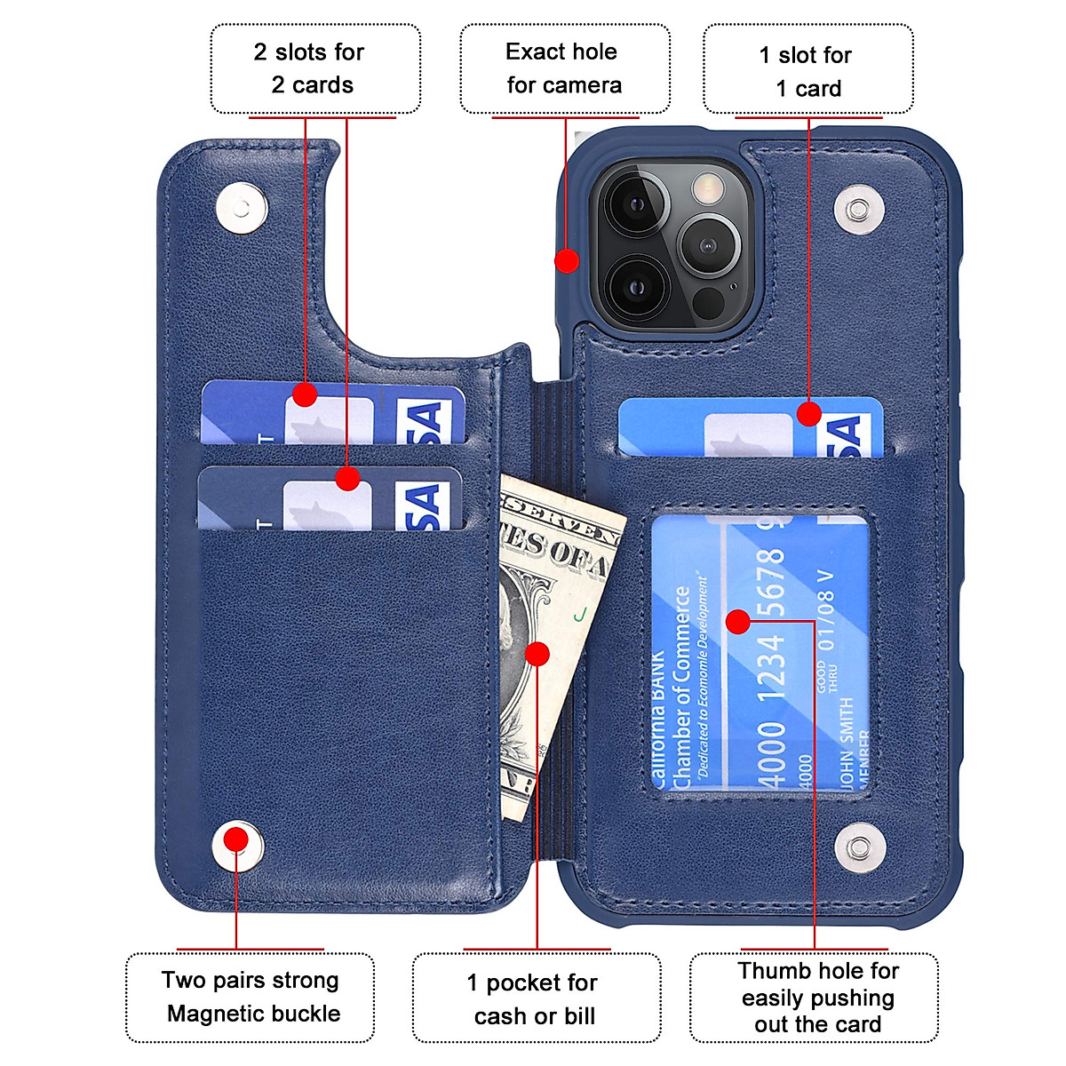 Arae Compatible for iPhone 12 Pro Max Case with Card Holder - Wallet Case with PU Leather Card Pockets Back Flip Cover for iPhone 12 Pro Max 6.7 inch - Blue