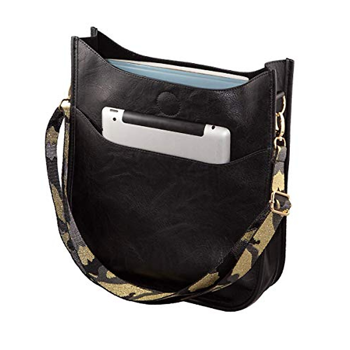 Pinafore Vegan Leather Crossbody Fashion Shoulder Bag | Soft, Magnetic Closure Handbag Purse for Women with Adjustable & Removable Guitar Strap, Black