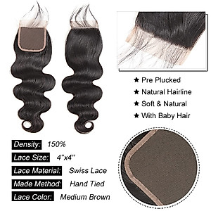 Aopusi Human Hair Bundles with Closure (22 24 26+20，Free Part) Body Wave Bundles with Lace Closure Brazilian Human Hair Weave Bundles with Closure Virgin Hair Weft 150% Density Natural Color