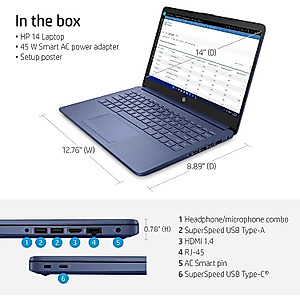 HP 14" Laptop for Student and Business - HD Display, Intel Quad-Core Processor, 4GB RAM, 64GB eMMC, ‎Intel UHD Graphics 600, Wi-Fi, Bluetooth, Webcam, Windows 11 Home in S Mode, Blue