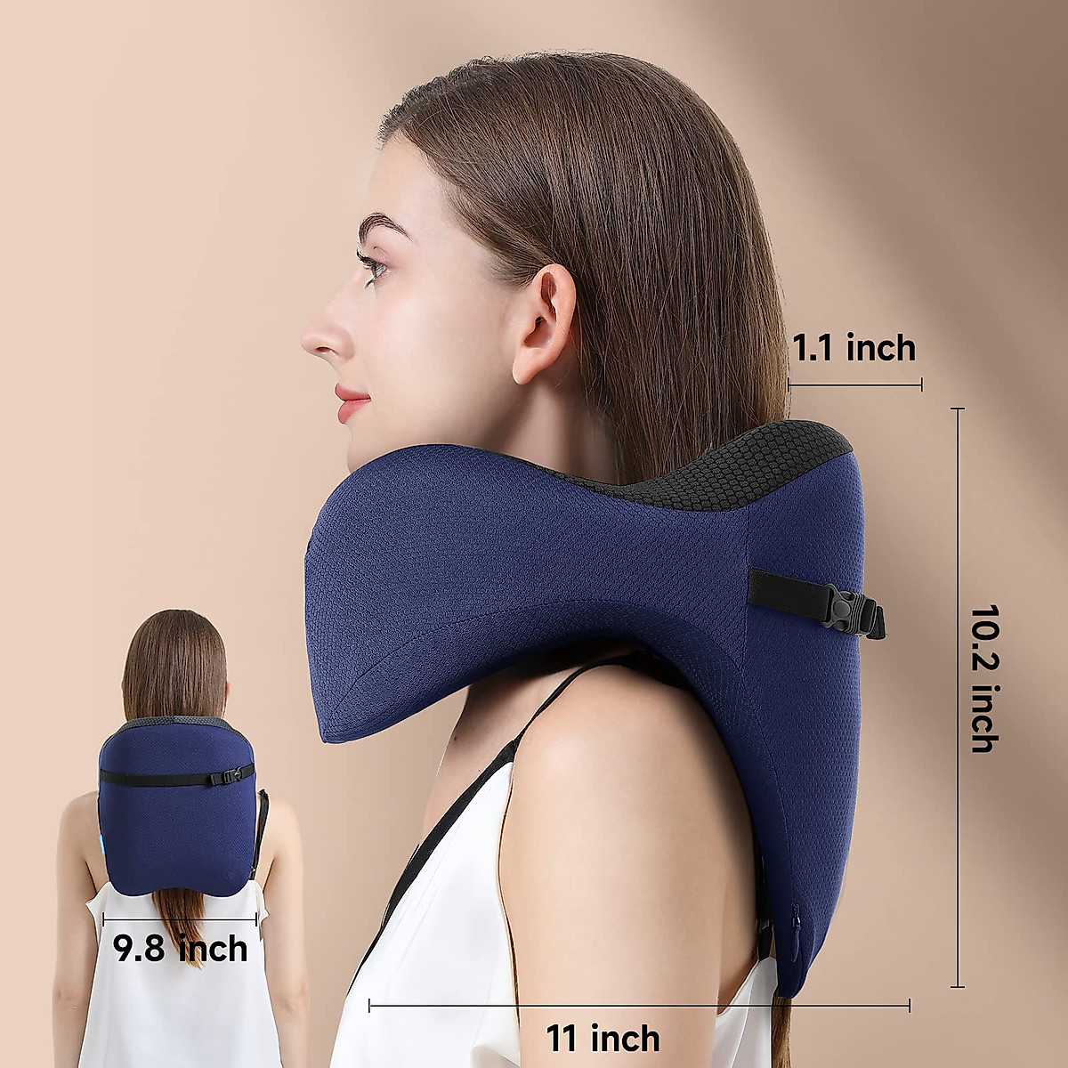 TripGood Neck Pillow for Travel - Extra Upper Back Support - Back Buckle Strap - Large(16.7" Neck Circumference) - Memory Foam - Blue