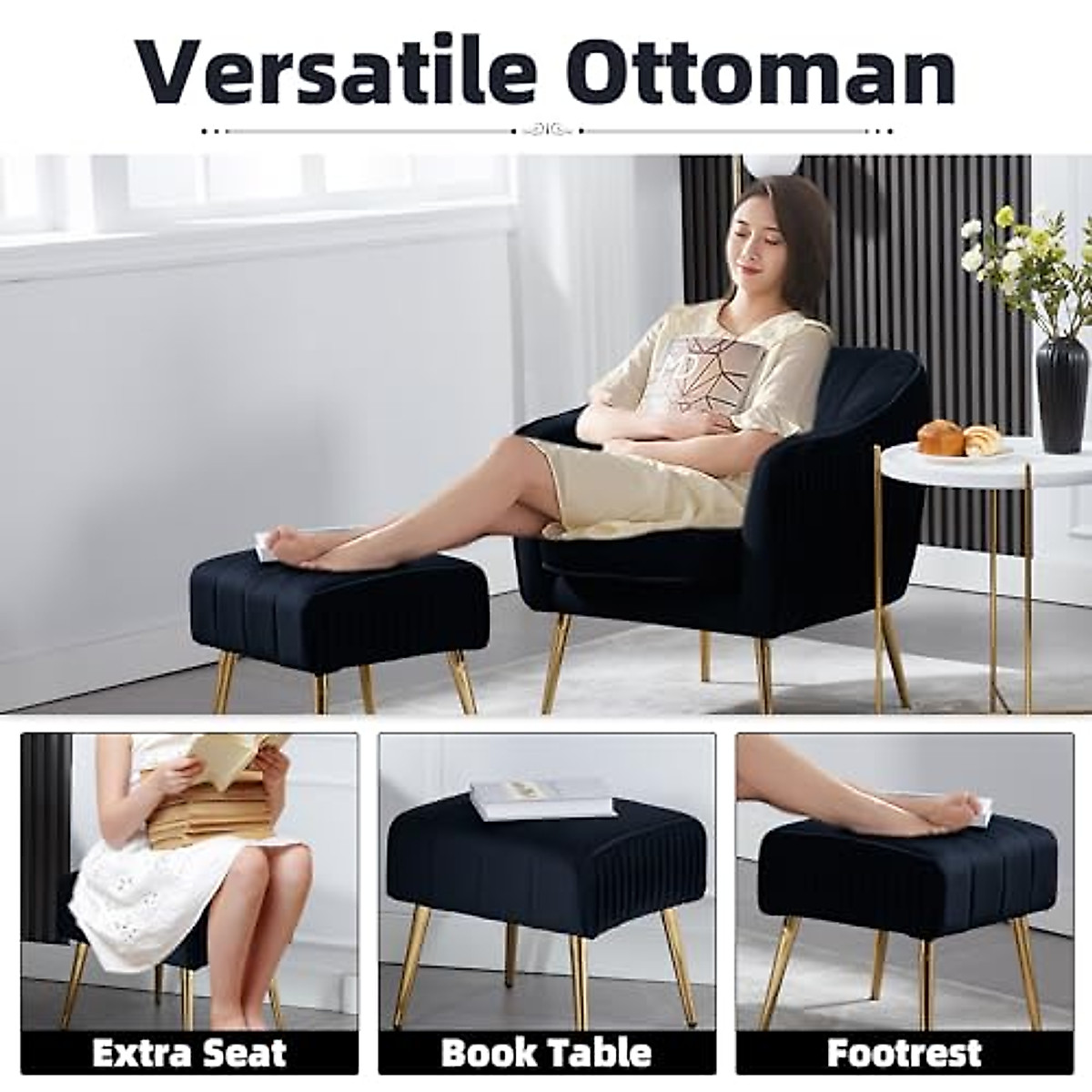 Westice Accent Chair with Ottoman, Upholstered Living Room Chair Velvet Sofa Chair with Footrest for Bedroom Reading Room Apartment Office, Black