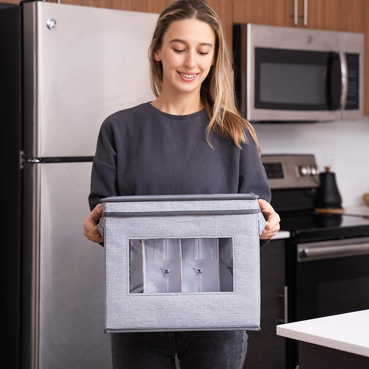 VENO Champagne Flutes Storage Box With Lid and Handles for Stemware Storage, Transport, Moving and Protection, Cardboard Dividers Included for 12 Glasswares