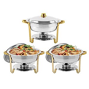 Restlrious Chafing Dish Buffet Set Round Stainless Steel 5QT Chafers and Buffet Warmers Sets for Catering, Complete Set with Water Pan, Food Pan, Fuel Holder and Lid in Gold Accents, 3 Pack