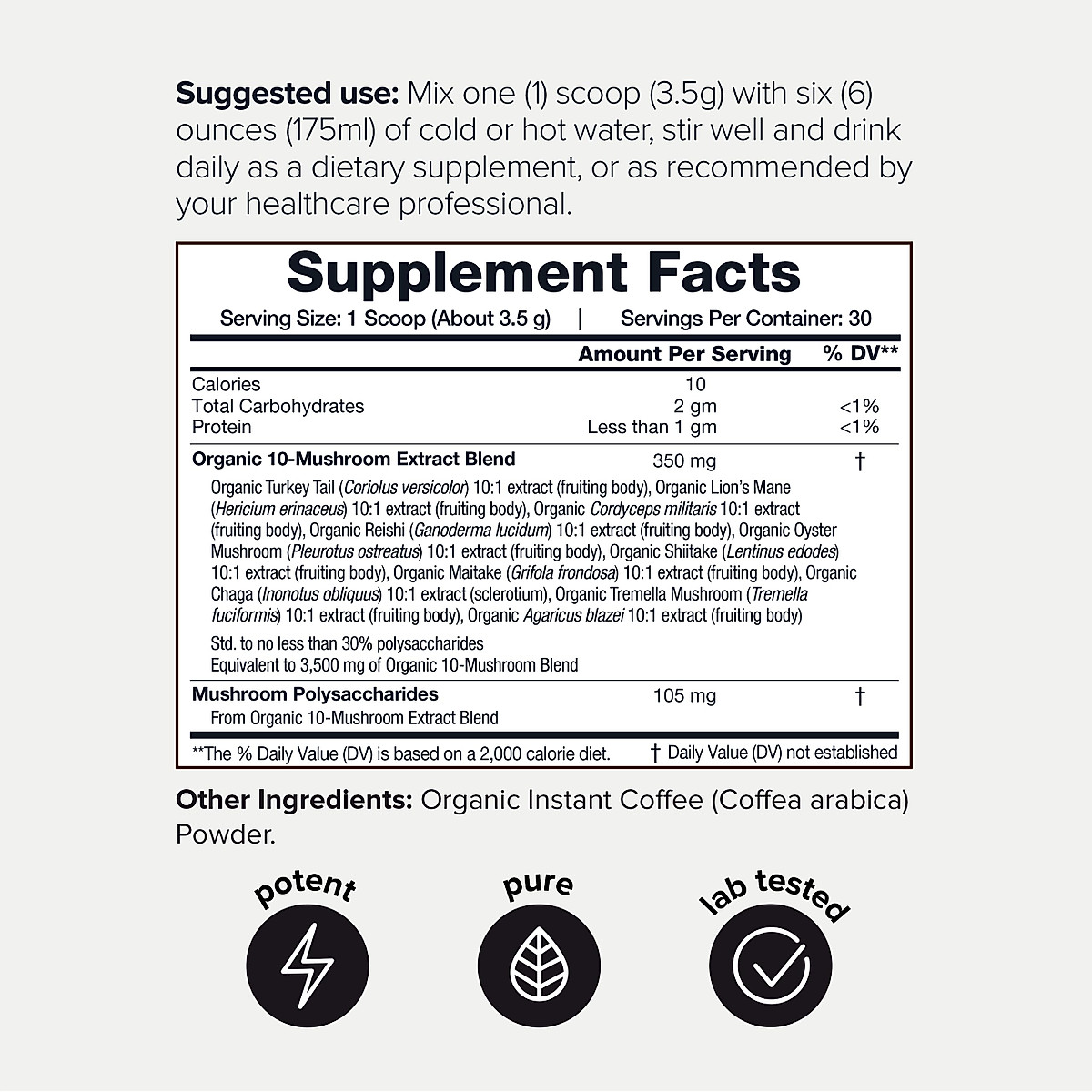 Ultra Concentrated Organic Mushroom Coffee 3,500mg 10:1 Extract - Colombian Sourced Beans 10 Mushroom Blend with Lion's Mane and Cordyceps - Mushroom Powder Coffee Organic Alternative Blend -TQ