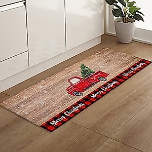 Runner Rugs And Mats 1 Pcs, Merry Christmas Red Truck with Xmas Tree Rustic Old Wooden Red Black Plaid Non Slid,Absorbent Kitchen Rug,Rubber Dots Backing Indoor Door Mat,Standing Mat 18x47.2 Inch