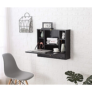 Wall Mounted Table, Folding Laptop Desk Wall-Mount Writing Desk with Storage Shelves & Drawer, Wall Mounted Desk for Home, Office, Small Spaces(Black)