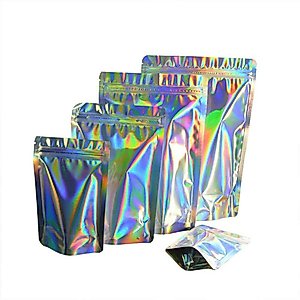 100Pcs Stand Up Holographic Reclosable Zip Lock Bags Heat Sealable Aluminum Foil Plastic Pouch Food Storage Coffee Snack Bag Colored Retail Sample Bag Silver 5.5×7.9in (14×20cm)