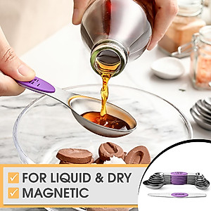 Spring Chef Stainless Steel Magnetic Measuring Spoons Set of 8 with Leveler, Nesting Metal Teaspoon & Tablespoon Measuring Spoons for Food, Heavy Duty Kitchen Gadgets for Baking & Cooking - Orchid