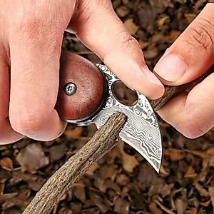 EZKIT Damascus Pocket Knife, Small Folding Wood Handle EDC Knife, Blade Length: 2in