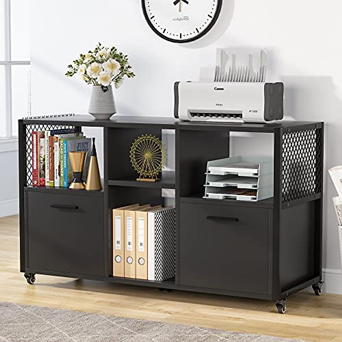 Tribesigns 2 Drawer Wood File Cabinets, Modern Mobile Lateral Filing Cabinet for Letter/ A4 Size, Printer Stand with Open Storage Shelves and Drawer for Home Office, Black
