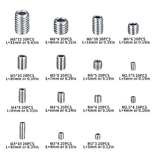 300 Pcs Hex Allen Head Socket Hex Screw Set Assortment Kit, M2.5/M3/M4/M5/M6/M8 Grub Screws, Internal Hex Drive Cup Screws for Door Handles, Faucet, Light Fixture Screws (Silver)