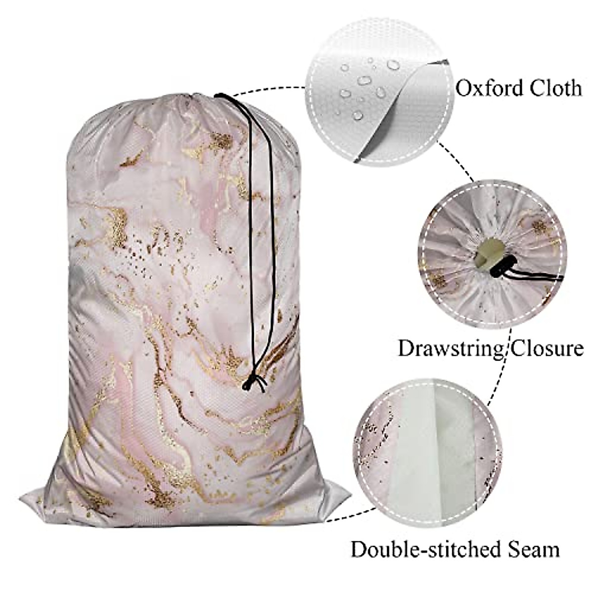 Swono Gold Rose Marble Extra Large Travel Laundry Bag, Dirty Clothes Shoulder Bag with Drawstring, Glitter Dust Painting Heavy Duty Travel Laundry Bag, Machine Wash, Abstract Marbling