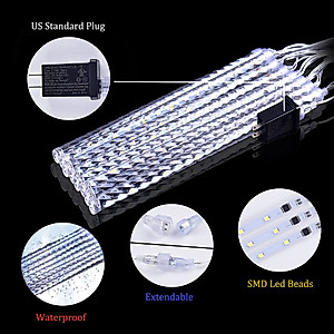 ULERSP Christmas Meteor Shower Rain Lights Extendable, 30cm 8 Tube 192 LEDs Falling Rain Drop Lights, Waterproof Icicle Lights for Outdoor Garden House Window Xmas Tree Decoration (Warm White)