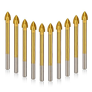 10-Piece Masonry Drill Bits Kit, Titanium Coated Glass Carbide Drill Bits Set for Concrete, Stone, Cutting Edges Cross Spear Head Drill for Glass, Brick, Tile, Plastic, Ceramic and Wood