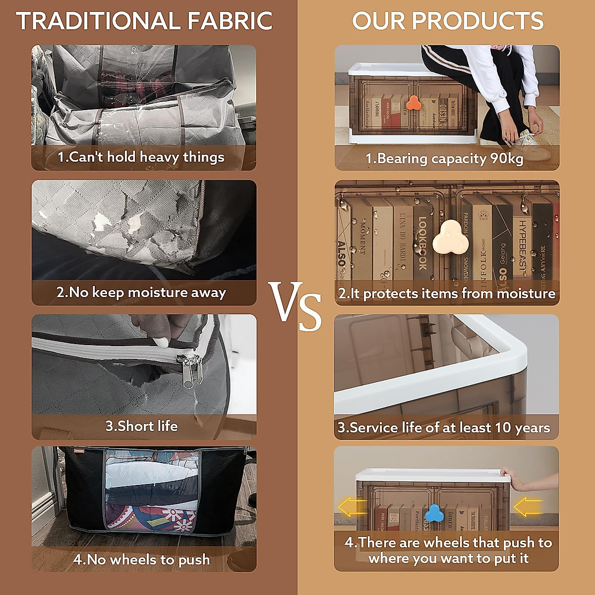 sugarchef Large Storage Bins with Lids and Wheels,Plastic Folding Collapsible Bins for Closet Organizer,Stackable Box with Front Open Door for Home and Office (Tea mixed, 72Gal)