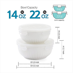 ZEN Pleats Porcelain Serve and Store Airtight Container 14&22oz Bowls Set of 2 (White)