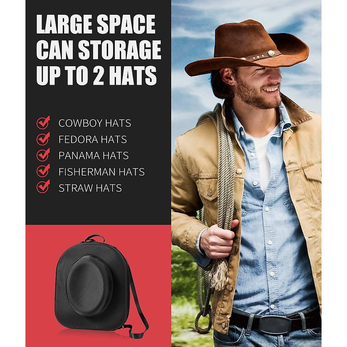 Livelab Hat Box for Travel - Crush Proof Cowboy Hat Holder Storage, Hard Travel Hat Carrier Case for Cowboy, Panama & Tweed Hats - Carrying Handle, Luggage Straps & Shoulder - Large