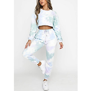 WephuPSho Women's 2 Piece Tracksuits Outfit Set Tie Dye Round Neck Long Sleeve Crop Top+ Trousers Casual Fall Clothes Sports Sweatsuit (Light green, S)