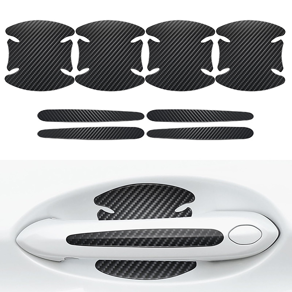 NGHEY 8 PCS Car Carbon Fiber Leather Door Bowl Film, 4.13" x 3.1" Door Handle Grain Anti-Scratch Protective Film, Install Door Handle Sticker, Suitable for Most Car Models (Black)