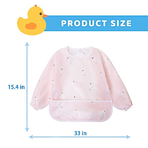 Little Dimsum Mess-Proof Baby Bibs|Infant Toddler Long Sleeve Waterproof Feeding Art Smock|Catching Food & Wipe Clean| Pack of 2 Colors Duck&sheep