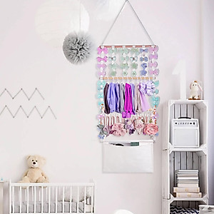 Nerien Headband Holder, Hair Bow Organizer for Girls Baby Toddler, Macrame Wood Hair Accessories Wall Closet Hanging Storage Display, for Hair Ribbons Ties Clips, with 20 Pcs Hooks for Shower Room