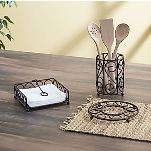 Home Basics Scroll Collection Steel Trivet for Hot Dishes, Pots And Pans, Round Design, For Kitchen & Dinning Table, Bronze