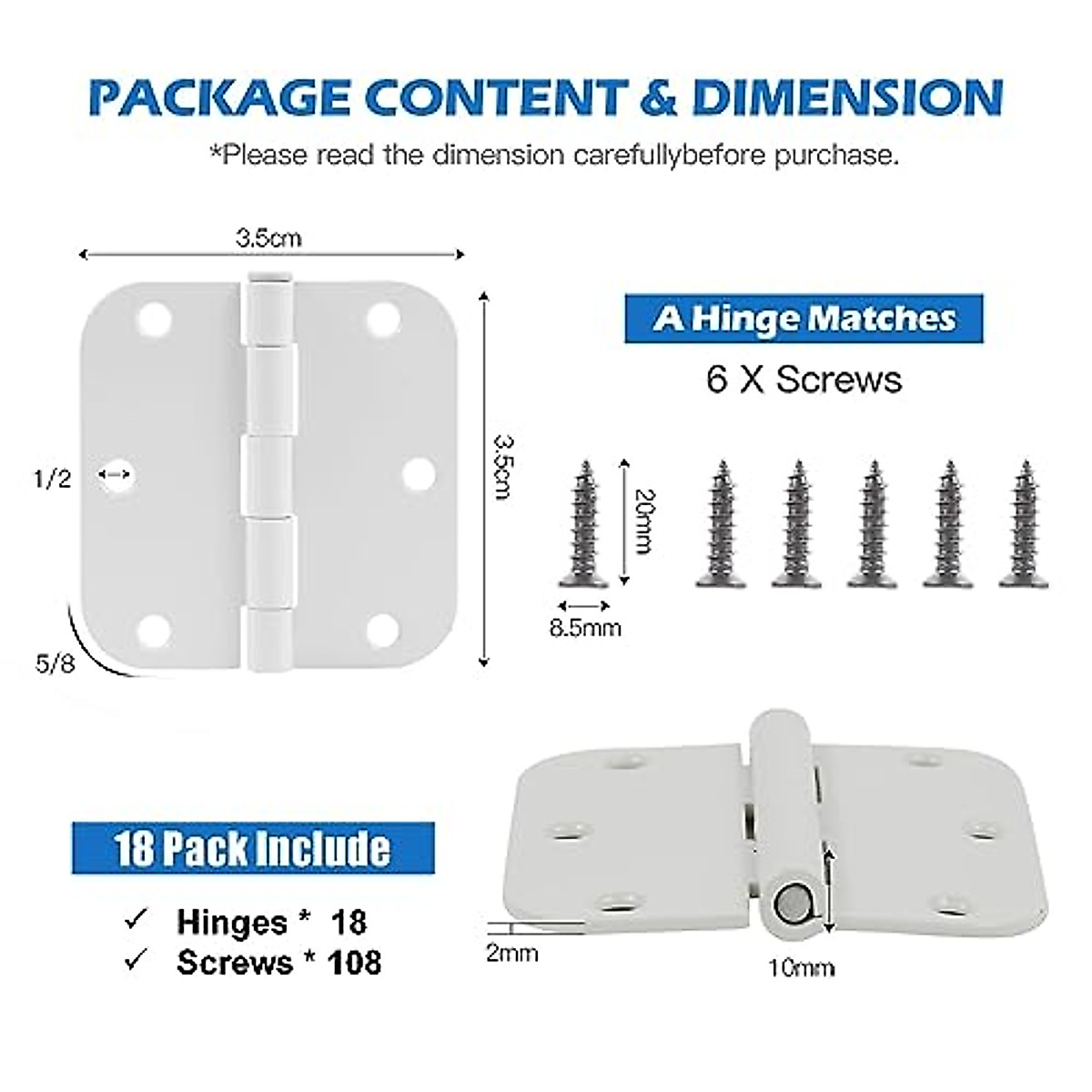 18 Pack White Door Hinges,3.5 Inch Rounded 5/8" Radius Door Hinges Interior 3 1/2 Inch Door Hinges Bifold Residential Standard Bedroom Indoor Door Hinges for Doors Home
