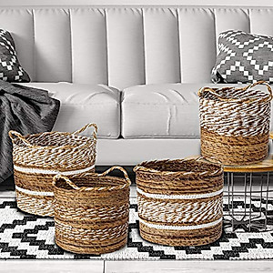 Rustic Stripes Wicker Baskets. 4 Piece Set, Washed and Rolled Banana Leaf, White Twine, Loop Carry Handles, Bucket Bottoms, 18, 15.75, 14.25, 12.5 Inches Diamet