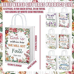 Yeaqee 24 Pcs Religious Gift Bags Bible Verse Treat Bags Inspirational Flower Paper Bags with Handles Christian Church Gifts in Bulk for Women Wedding Birthday First Communion Baptism