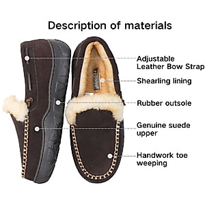 PEDOQU Men's Moccasin Slippers Genuine Suede Uppers Shearling Lining Memory Foam House Shoes, Indoor and Outdoor Warm Loafer