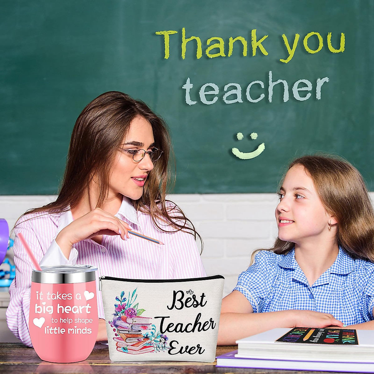 Newtay Teacher Appreciation Gifts Thank You Teacher Gifts Basket,12 oz Wine Tumbler Best Teacher Makeup Pouch Bag Keychains Teacher Socks for Teacher Appreciation Supplies (Big Heart)