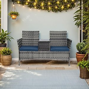Patio Loveseat Set 2-seat Leisure Furniture with Coffee Table and Soft Cushion, Suitable forLawn Garden,Courtyard, Strong Weather Resistance Outdoor (Grey)
