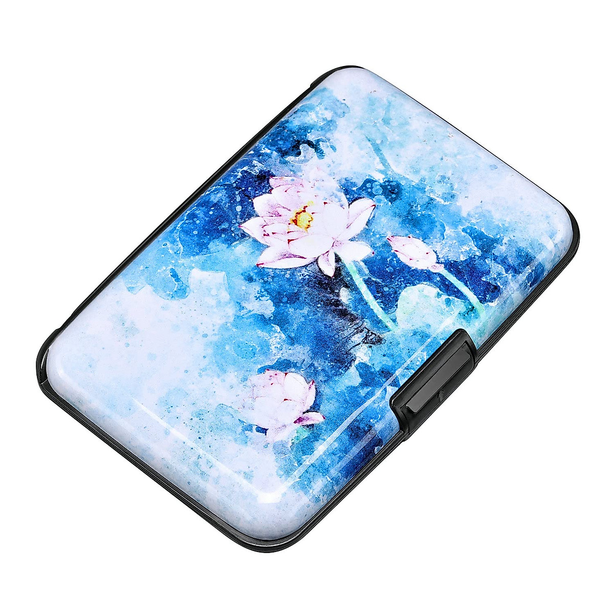 ELFISH Mini RFID Aluminum Wallet Credit Cards Holder Business Card Case Metal ID Case for Men Women (Blue Lotus)