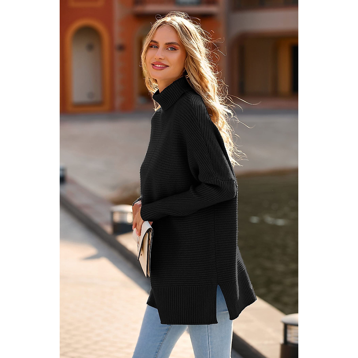 PRETTYGARDEN Women's Fall Oversized Turtleneck Sweater Casual Long Sleeve Chunky Knit Pullover Winter Tops Blouse (Black,Large)