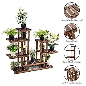 Giantex Flower Rack Wood Plant Stand 7 Wood Shelves 13 Pots Bonsai Display Shelf Indoor Outdoor Yard Garden Patio Balcony Living Room Multifunctional Storage Rack Bookshelf W/Hollow-Out Rack