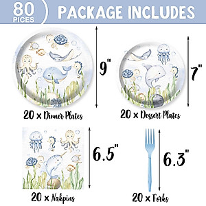 HEETON 80Pcs Undersea Party Supplies Plates Octopus Jellyfish Whale Cute Ocean Animals Baby Shower Party Decorations for Blue Boy Baby Bday