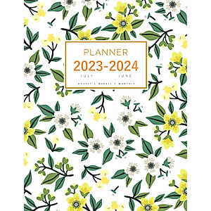 Planner July 2023-2024 June: 8.5 x 11 Large Notebook Organizer with Hourly Time Slots | Spring Summer Small Flower Design White