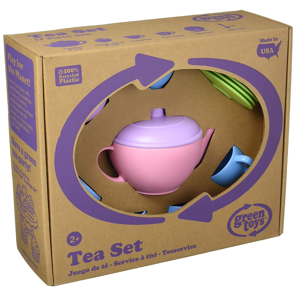 Green Toys Tea Set, Pink CB - 17 Piece Pretend Play, Motor Skills, Language & Communication Kids Role Play Toy. No BPA, phthalates, PVC. Dishwasher Safe, Recycled Plastic, Made in USA.